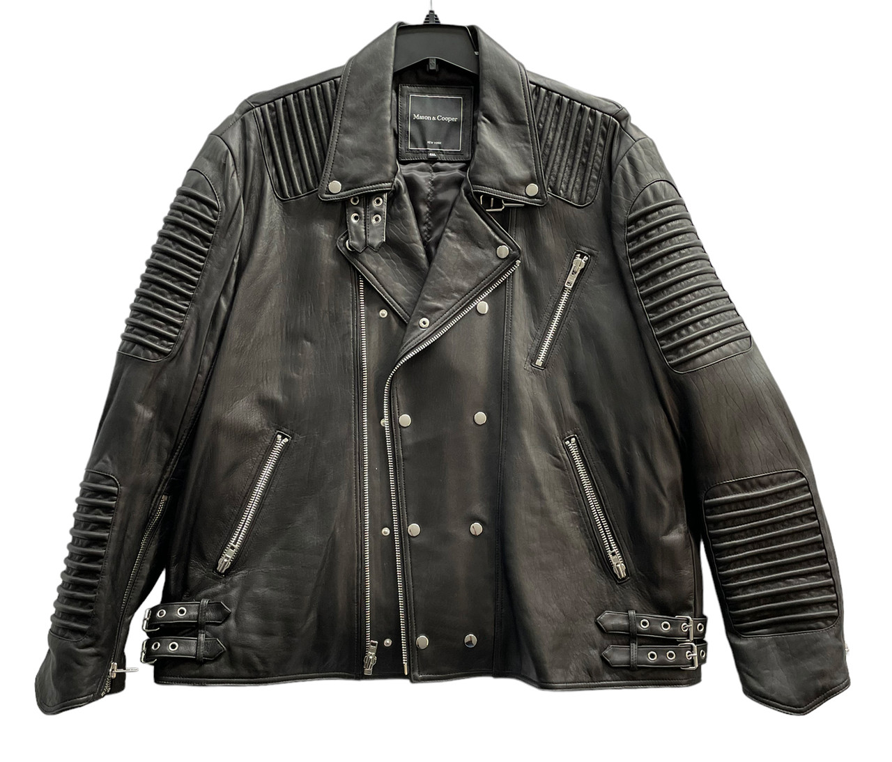 Black Leather Ribbed Arm Motorcycle Jacket: hiphopcloset