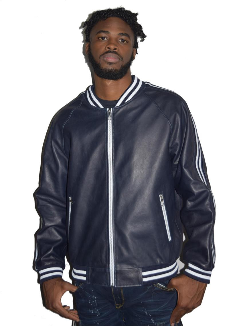Blue Leather Varsity Stripes Bomber Jacket - Hip Hop Closet