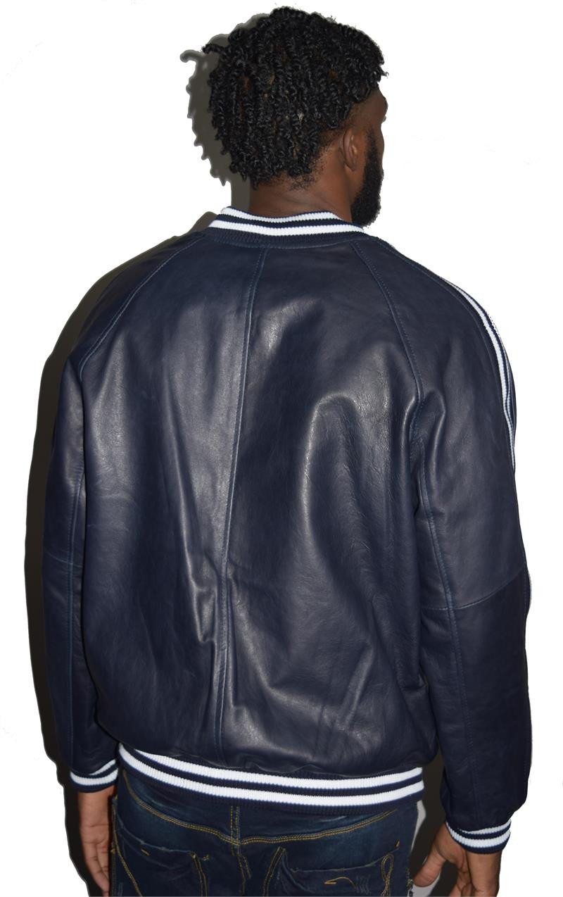 Blue Leather Varsity Stripes Bomber Jacket - Hip Hop Closet