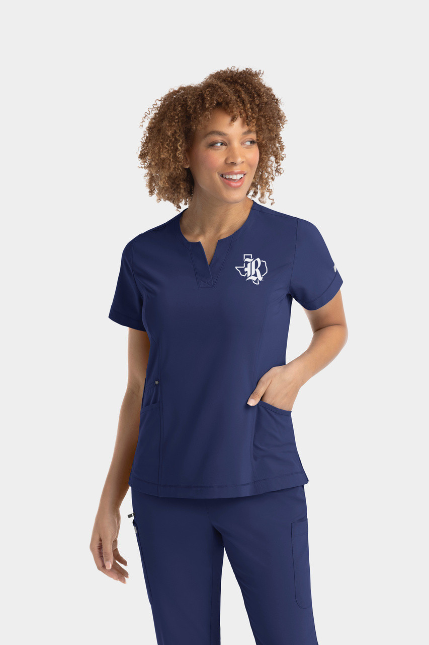 Rice University Embroidered Navy Women's Notched Scrub Top with R logo