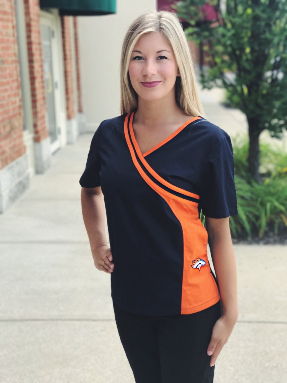 Denver Broncos Women's NFL Scrub Top with Front Patch Pockets