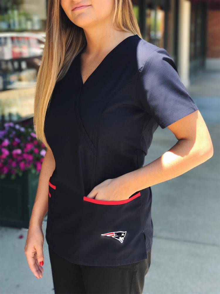 Licensed New England Patriots Mock Wrap Scrub Top for Women
