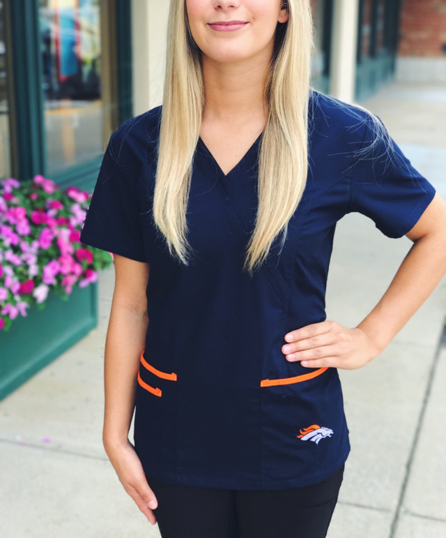 Denver Broncos Women's NFL Scrub Top with Front Patch Pockets