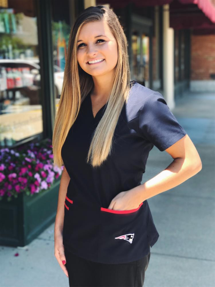 Licensed New England Patriots Mock Wrap Scrub Top for Women