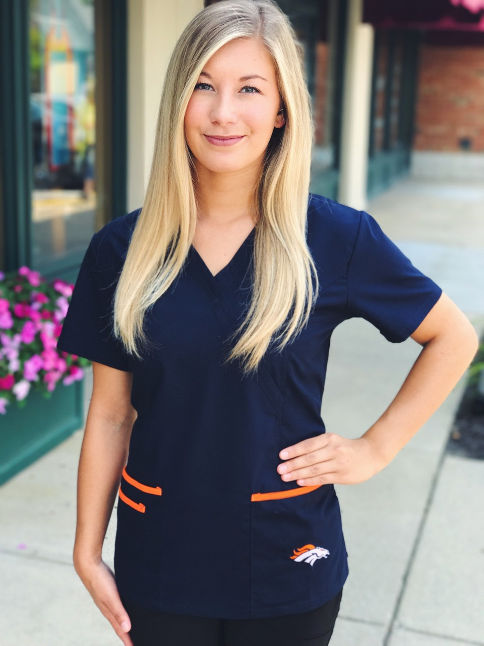 Denver Broncos Women's NFL Scrub Top with Front Patch Pockets