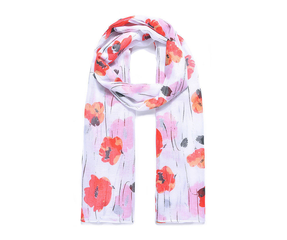 White Red Poppy Print Scarf