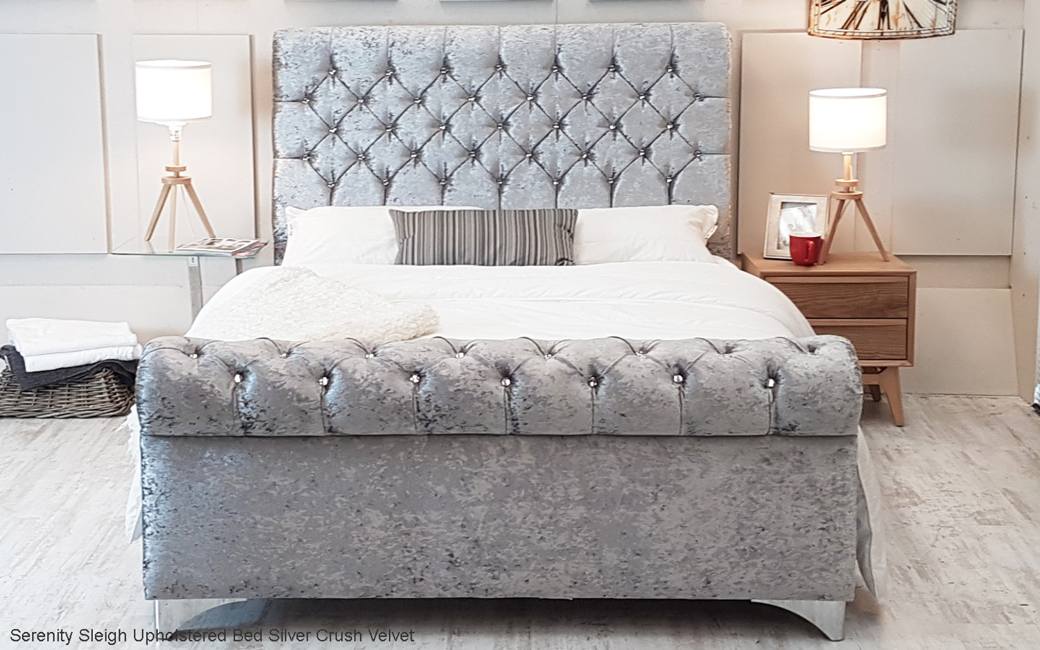 Grey velvet sleigh bed store