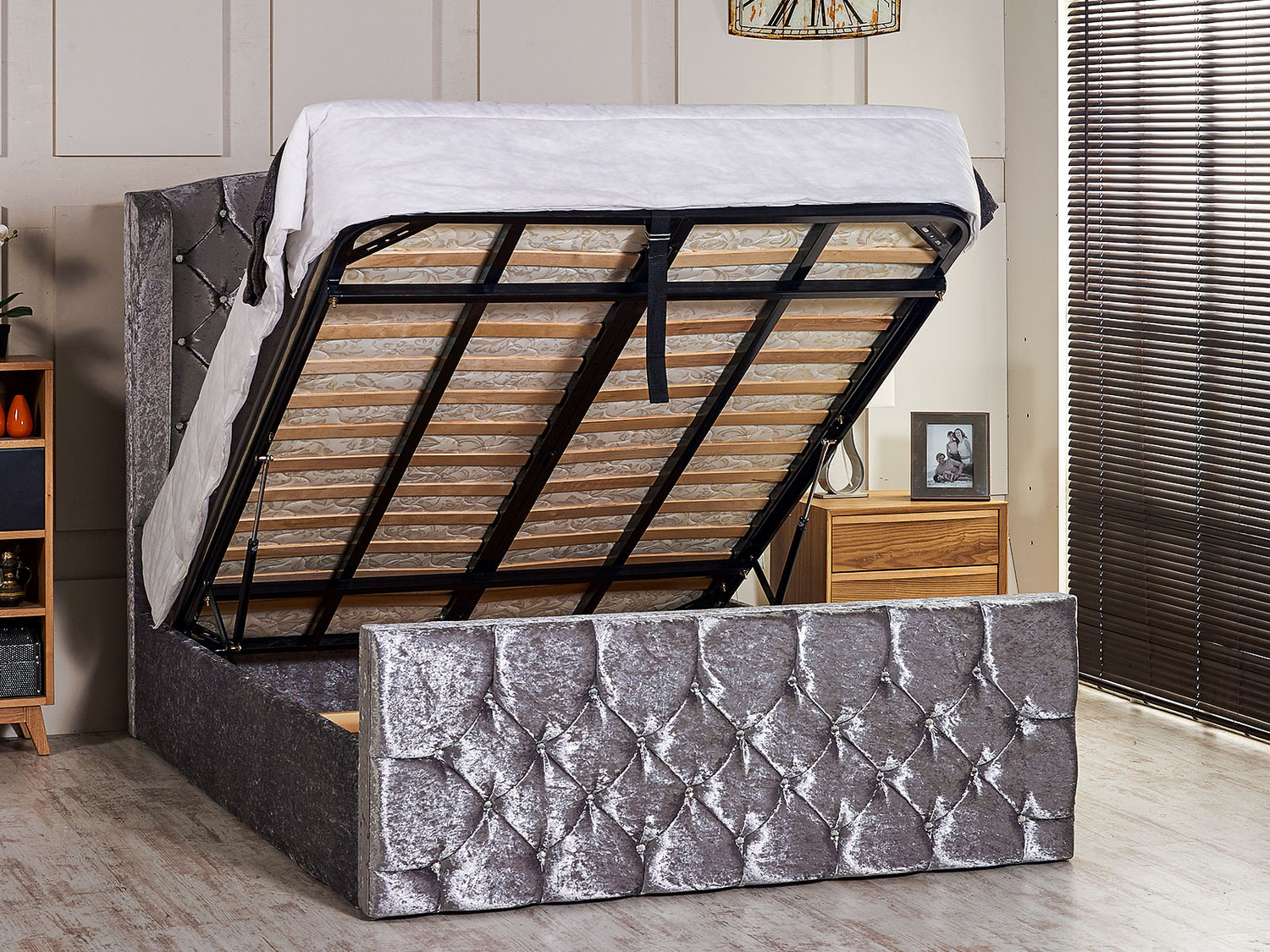 Bursa Gas Lift Ottoman Wing Storage Bed Frame. Available in Smooth Velvet Crush Velvet Chenille Linen Faux Suede Tweed Fabrics