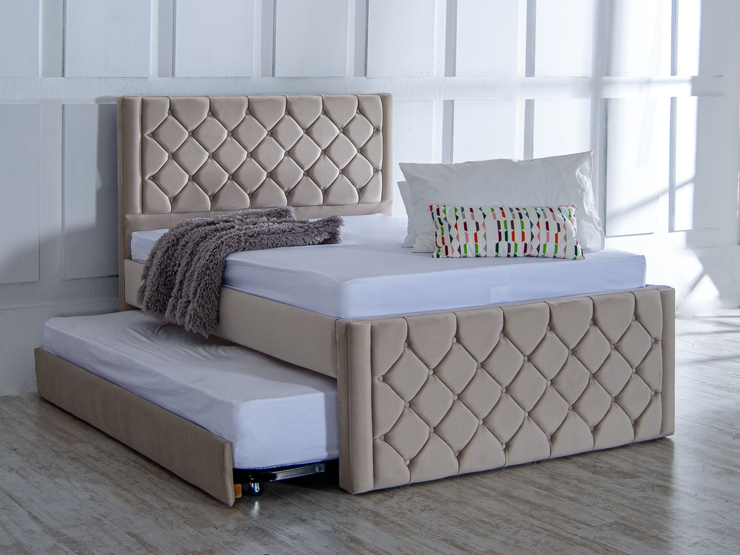 Layla Upholstered Bed Frame With Pull Out Trundle Guest Bed Available ...