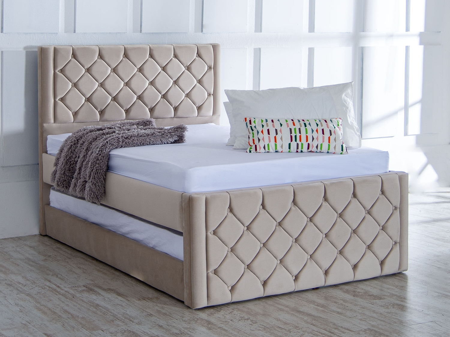 Layla Upholstered Bed Frame With Pull Out Trundle Guest Bed Available in Smooth Velvet Crush Velvet Chenille Linen Faux Suede Tweed Fabrics
