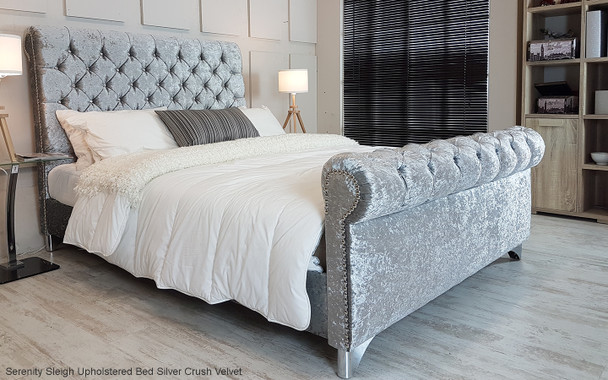 Serenity Sleigh Upholstered Bed Frame. Available in Crush Velvet Chenille Linen or Faux Suede Fabrics Esupasaver