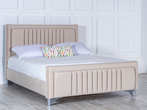 Esupasaver Eleanor Upholstered Bed Frame featuring a stylish full border high footboard and solid wooden slats