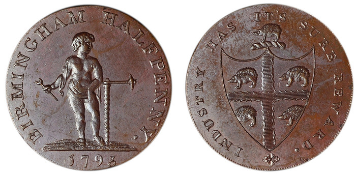 Peter Kempson, Bronzed Halfpenny, 1793 (D&H Warwickshire 50a) - Gary Groll