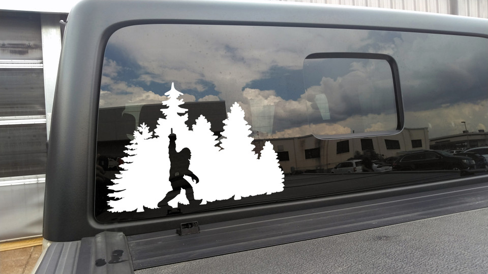 Bigfoot in Trees Middle Finger Vinyl Decal - Sasquatch Forest Line PNW ...