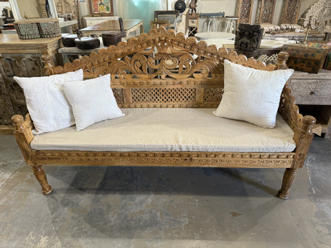 Hand Carved Indian Bench with Linen Mattress - Sohal Living