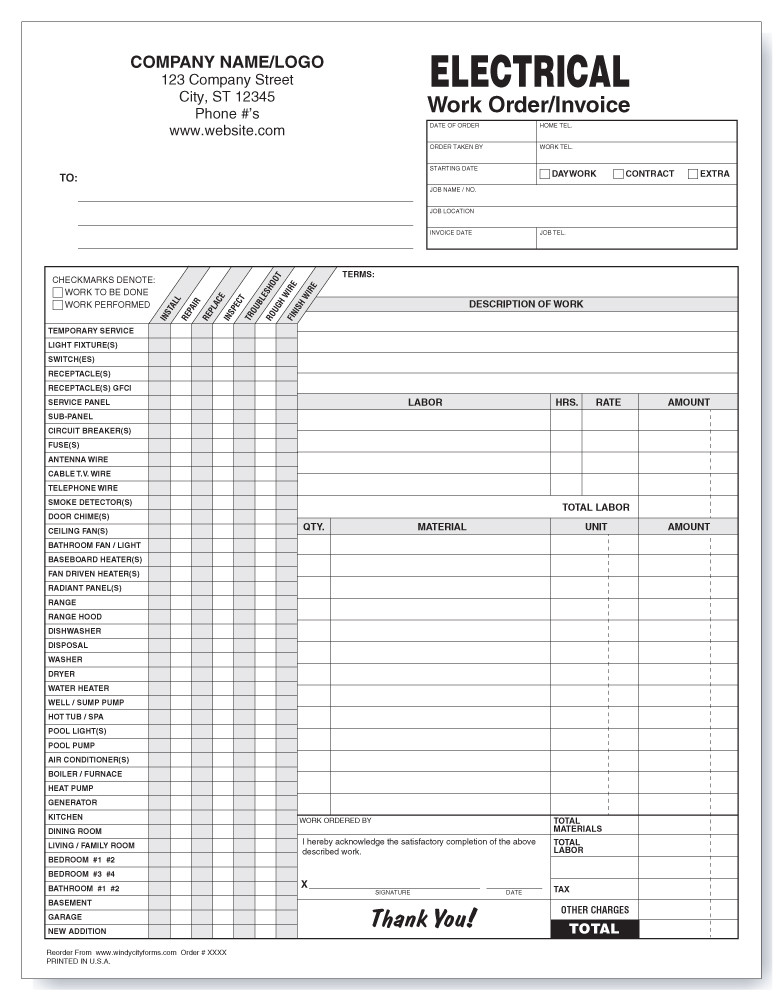 Electrical Work Order Invoice Windy City Forms Electrical Work Order Invoice Windy City Forms