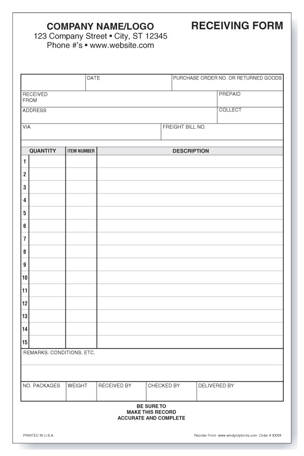 Receiving Form - Windy City Forms