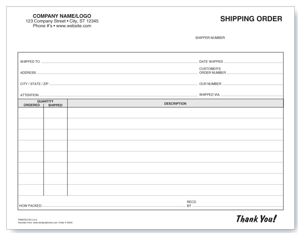 Shipping Order - Windy City Forms