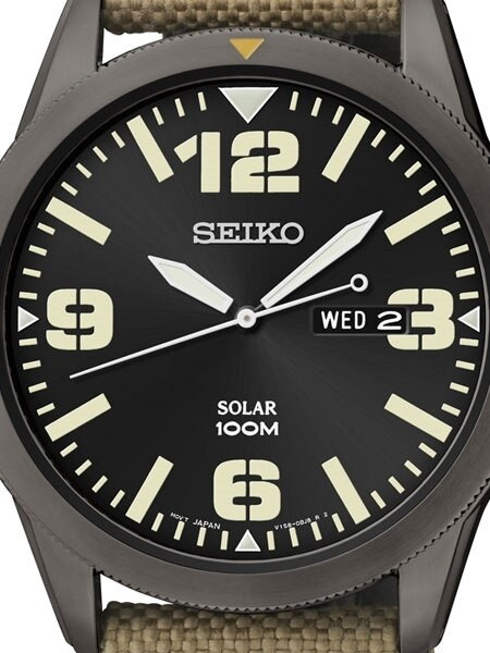 Seiko Black Dial Solar Powered Aviator Watch with 43mm Black Ion Case ...