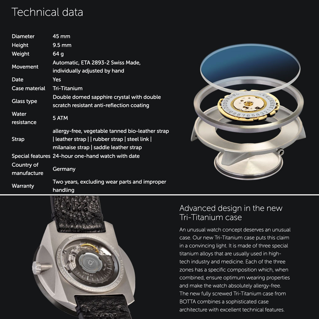 Botta UNO 24 one hand 24-hour Swiss Automatic watch with 45mm titanium ...