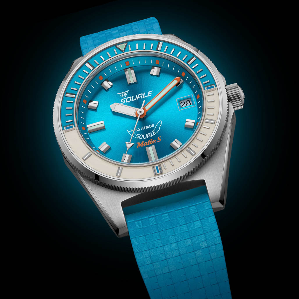 Squale Matic S Light Blue Watch with Mosaic Rubber Strap #MATICLBWLB.MRLB