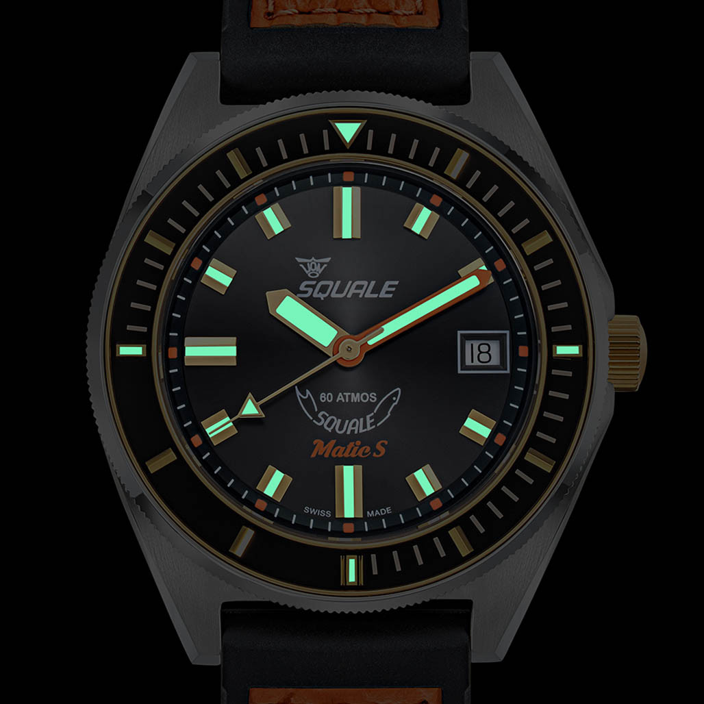 Squale Matic S Black Dial Watch with Leather-Rubber Strap #MATICGBKBK.RLOR