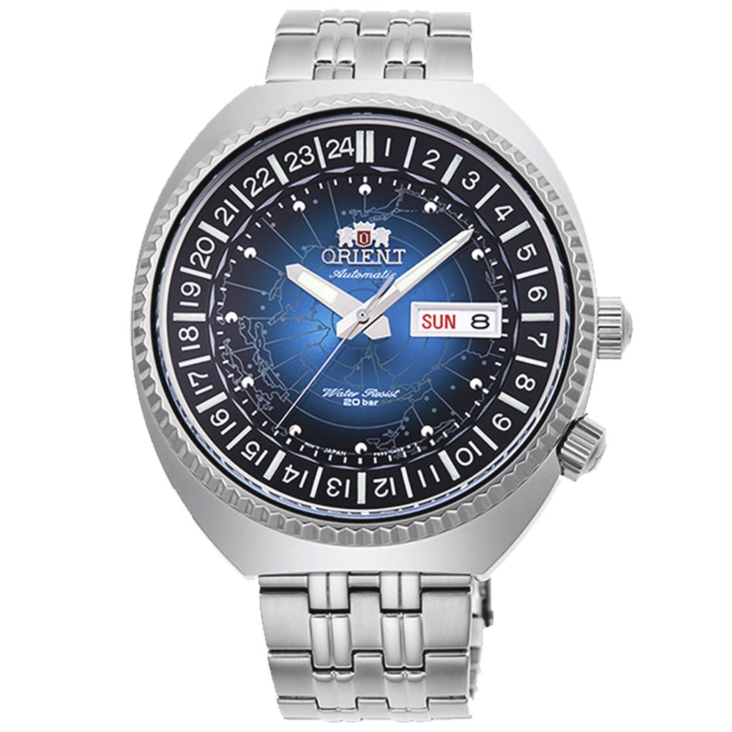 Orient Vintage-Inspired Automatic Dual-Time Watch with a Blue World ...