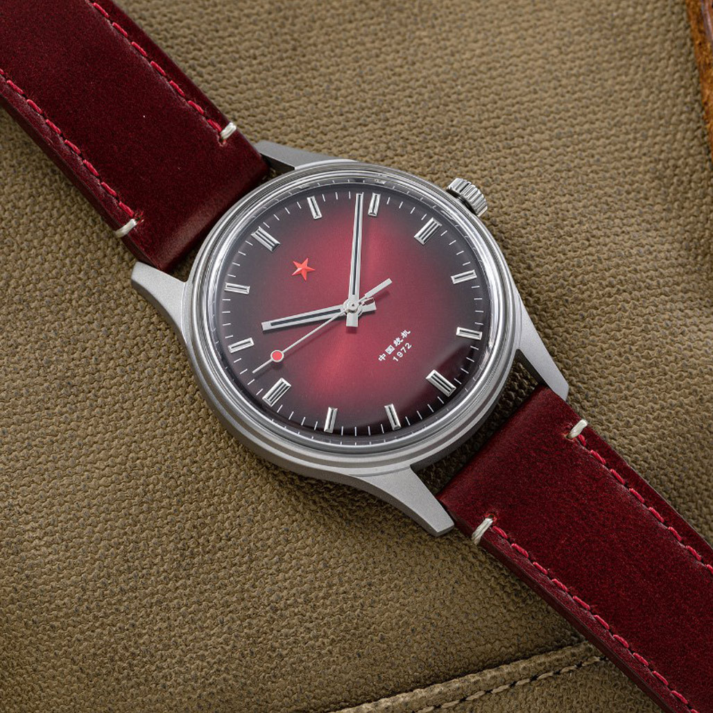 Red Star 3-Hand Dress Watch with Burgundy Dial and Mechanical Movement ...