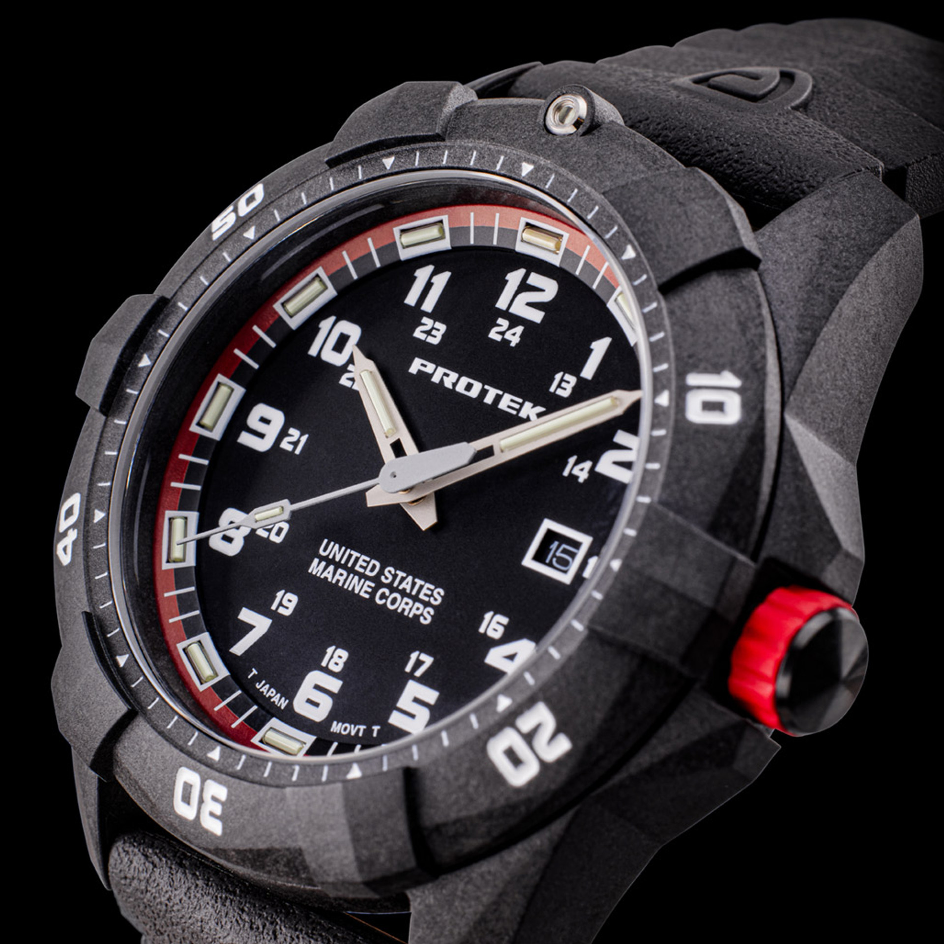 Protek Carbon Composite Official USMC Tritium Dive Watch with Red Accents #PT1012-USMC