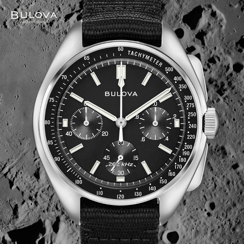 Bulova Lunar Pilot Chronograph 45mm with Black Dial and Nylon Strap #96A225