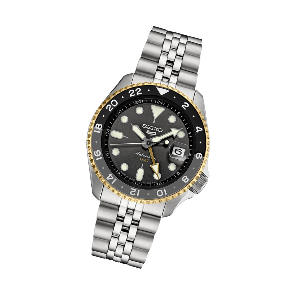 Seiko 5 Sports Automatic GMT Watch with Grey Dial and Gold Accents #SSK021