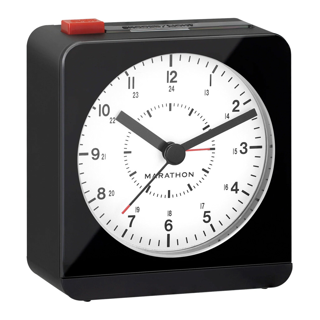 Marathon Alarm Clock with Black Case and White Dial, Silent Movement ...