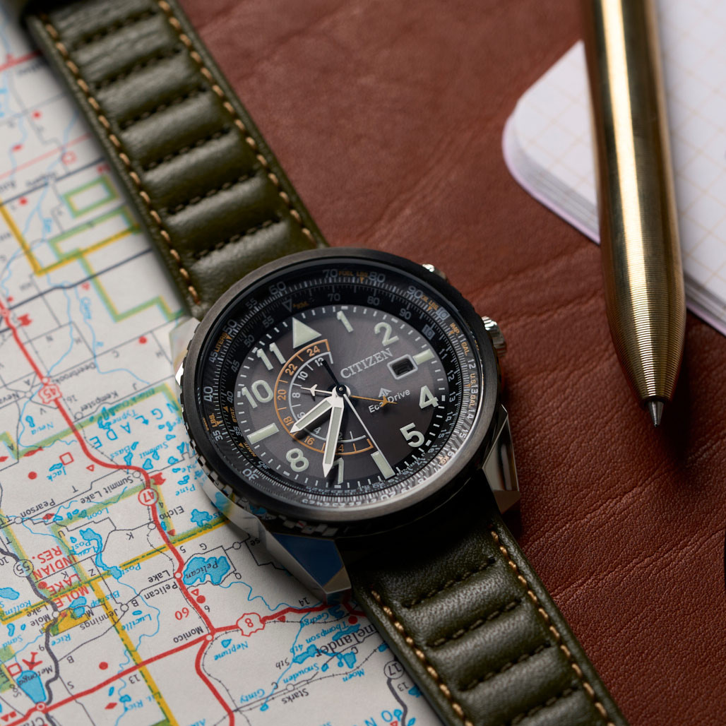 Citizen Eco-Drive Nighthawk with Black Dial and Green Leather Strap # ...