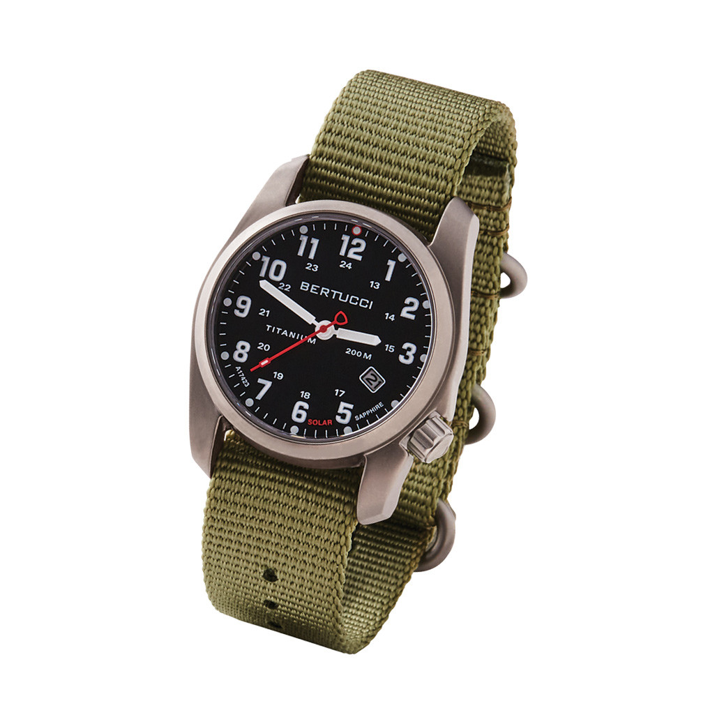 Bertucci A-2T Solar Classic Titanium Field Watch with Green Nylon Strap ...