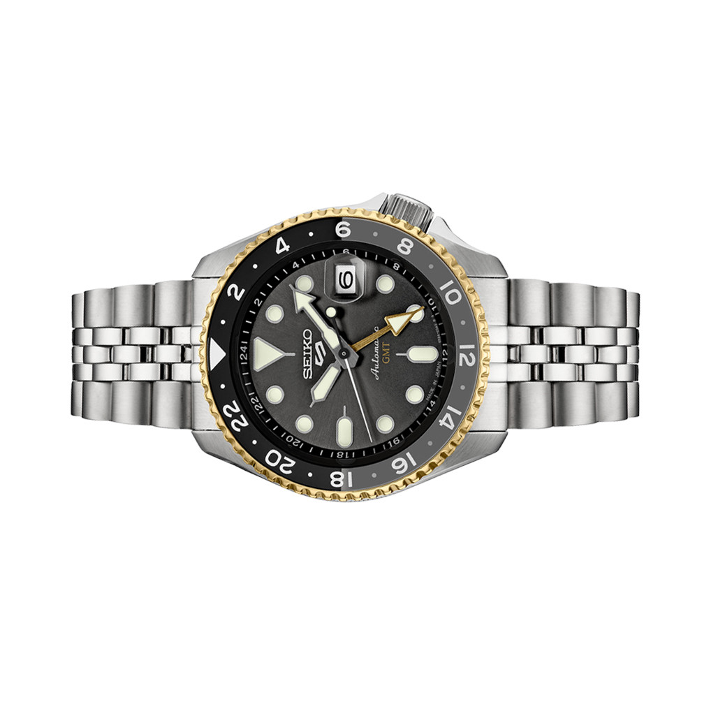 Seiko 5 Sports Automatic GMT Watch with Grey Dial and Gold Accents #SSK021