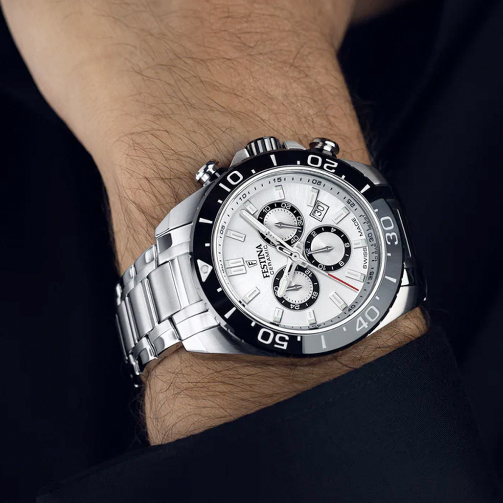 Festina Swiss Made Chronograph with Ceramic Bezel and Silver Dial #F20042-1