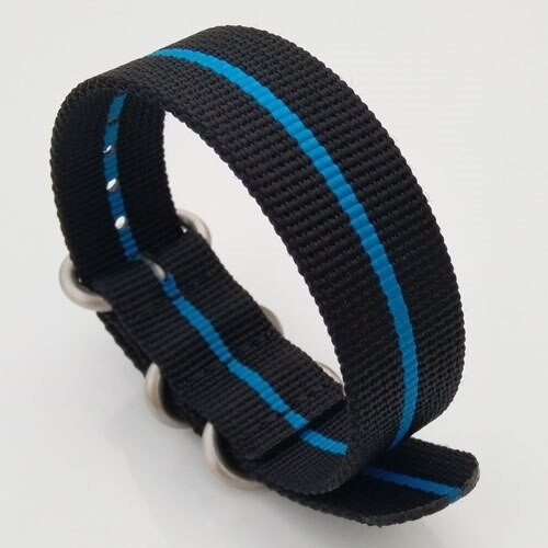3-Ring Style Tactical Field Black Nylon Strap with Thin Blue Stripe # ...