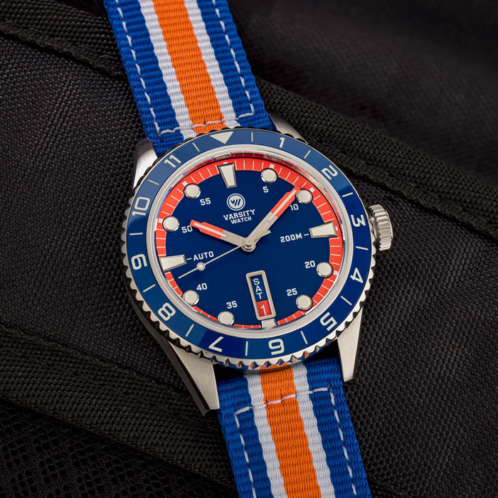 Varsity Automatic Watch with Blue Dial and Orange Accents #VW-04