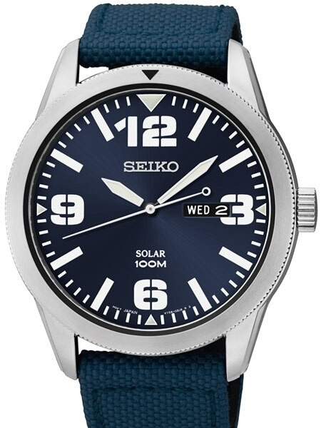 Seiko Blue Dial Solar Powered Aviator Watch with 43mm Case, Blue Canvas ...
