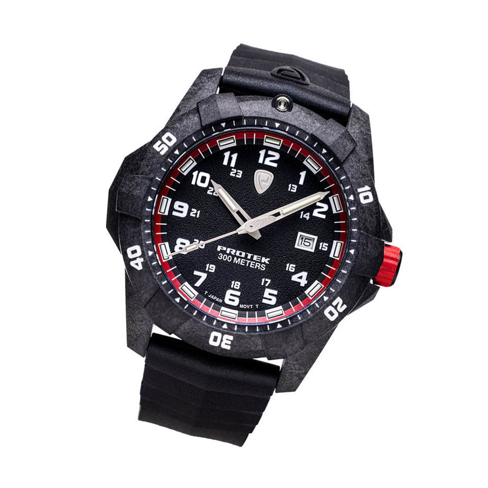 Protek Carbon Composite Tritium Dive Watch 1000 Series with Red Accents ...