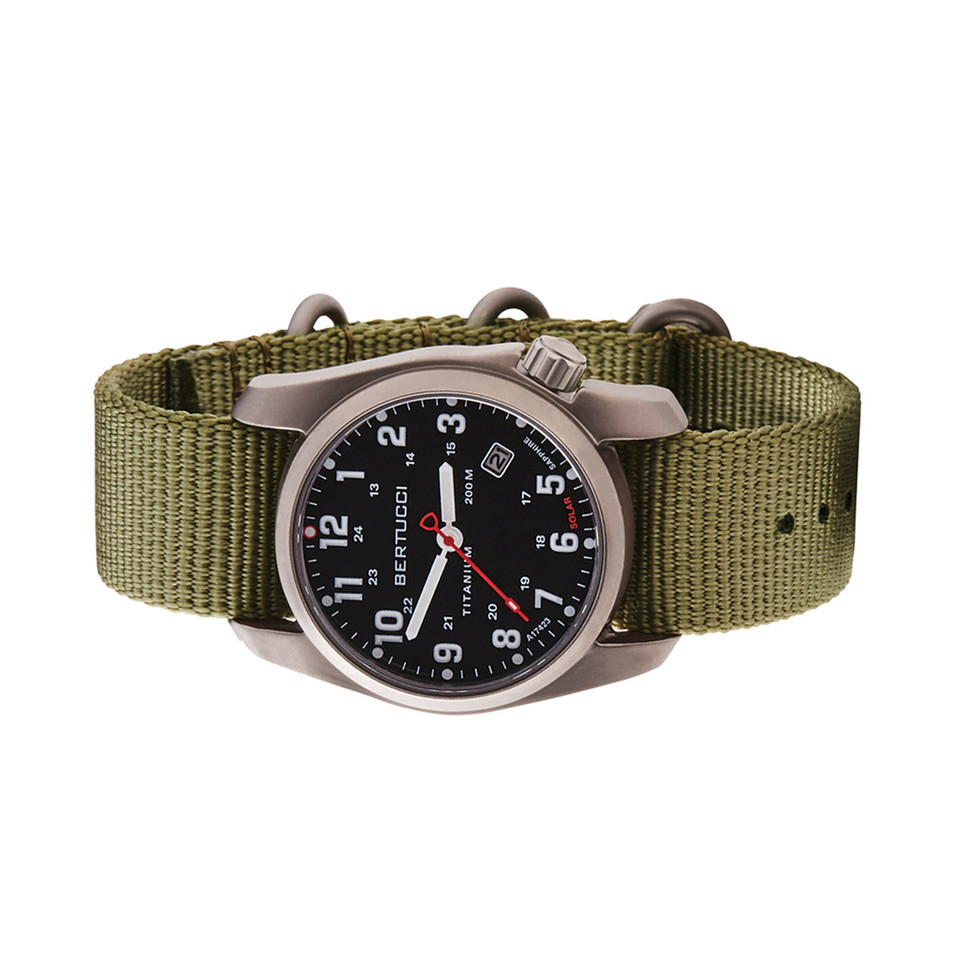 Bertucci A-2T Solar Classic Titanium Field Watch with Green Nylon Strap ...