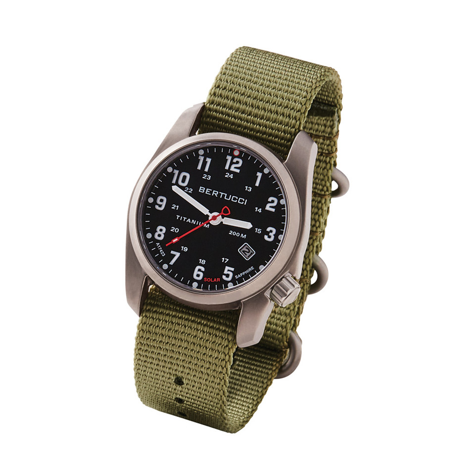 Bertucci A-2T Solar Classic Titanium Field Watch with Green Nylon Strap ...