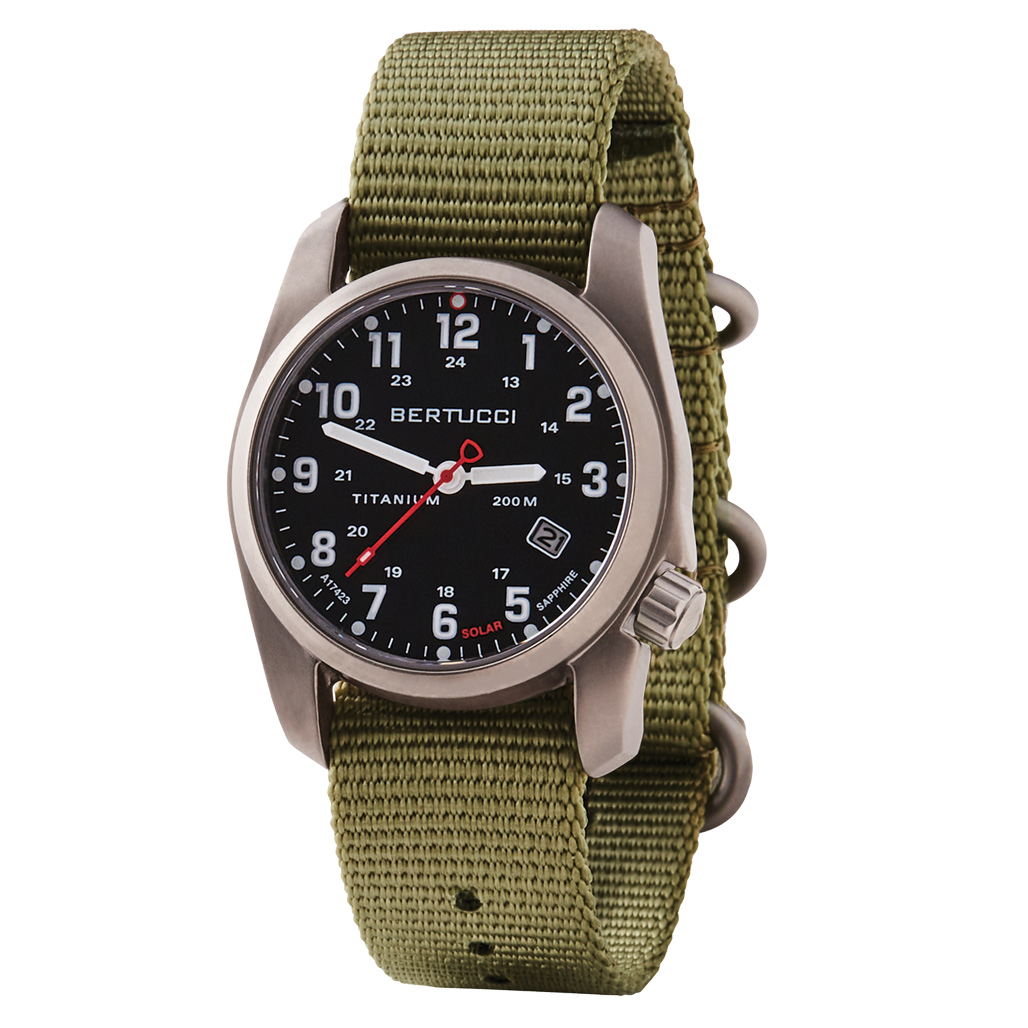 Bertucci A-2T Solar Classic Titanium Field Watch with Green Nylon Strap ...