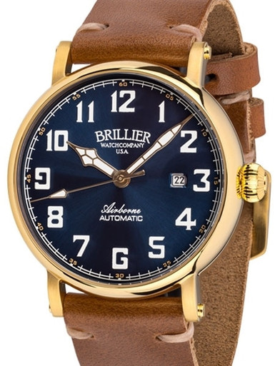 Brillier BR-18 Aviator Automatic Pilot Watch with a Sunburst Blue Dial