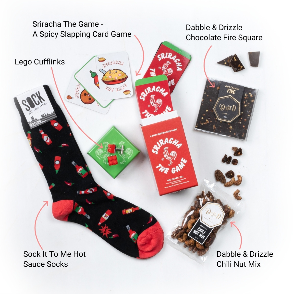 Spicy Treats & Siracha Socks Gift Box: Hot Stuff | Lego Cufflinks ...
