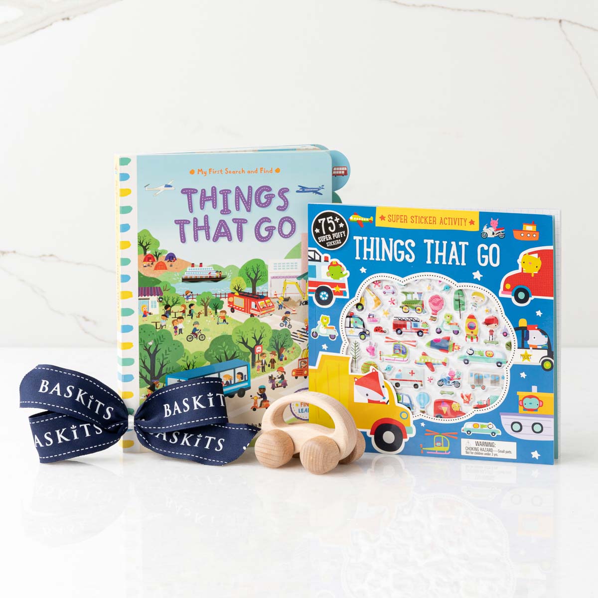 Wooden Toy Car & Book Kids Gift Basket: Things That Go