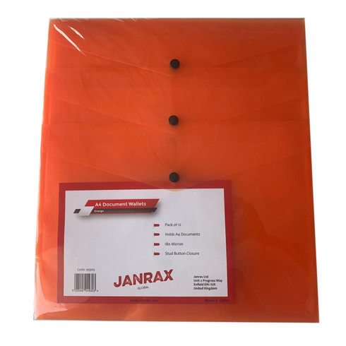 Pack of 12 Janrax A4 Orange Document Wallets - Button Stud Folder ...