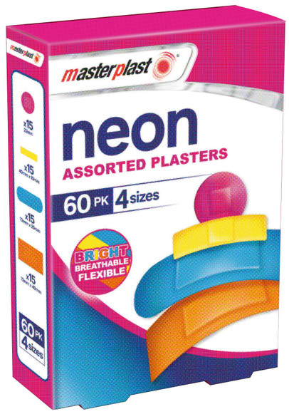 Pack of 60 Masterplast Neon Plasters Assorted Size - Stationery Wholesale