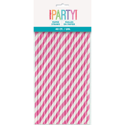 Pack of 40 Hot Pink Striped Paper Straws - Stationery Wholesale