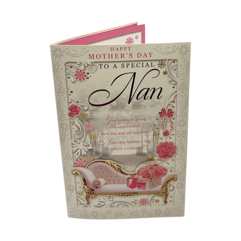 To Special Nan Flowers & Gift On Sofa Design Mother's Day Boxed Card ...